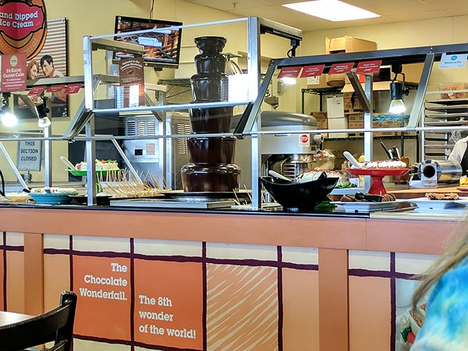 The chocolate fountain – eighth wonder of the world according to sugar enthusiasts – stands ready for strawberry sacrifices and marshmallow baptisms.
