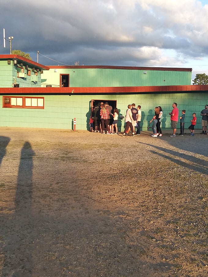 The mint-green concession building draws crowds at twilight—the intermission pilgrimage for hot dogs and conversation is as essential as the feature presentation.