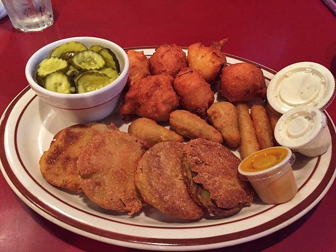 An appetizer sampler that's basically a greatest hits album of Southern starters, featuring golden treasures and tangy accompaniments.