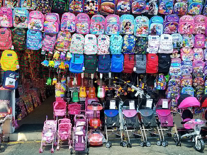 Backpack heaven for back-to-school shoppers! Every cartoon character and color imaginable stands ready for classroom adventures.