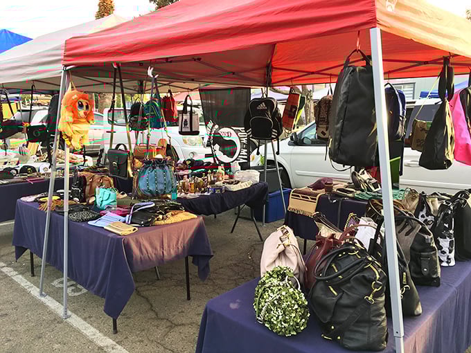 Handbag heaven under a humble tent—where designer dreams and practical purses live together in leather-bound harmony.
