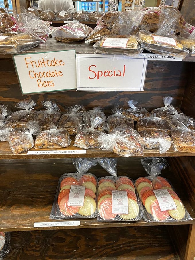 Fruitcake chocolate bars and colorful cookies packaged with care—edible souvenirs that won't collect dust on your shelf.