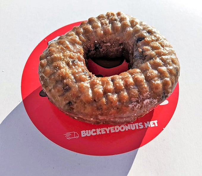 "A campus tradition since 1969" proclaims the bag, but this apple fritter speaks for itself—a glistening, glazed testament to donut artistry.
