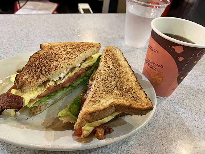 Breakfast sandwiches elsewhere suddenly seem inadequate. This creation proves that sometimes the simplest combinations—eggs, bacon, lettuce, tomato—make the most profound statements.