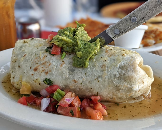 The breakfast burrito – a perfect cylinder of morning joy, where avocado, salsa, and what's wrapped inside create a portable feast worth waking up for.