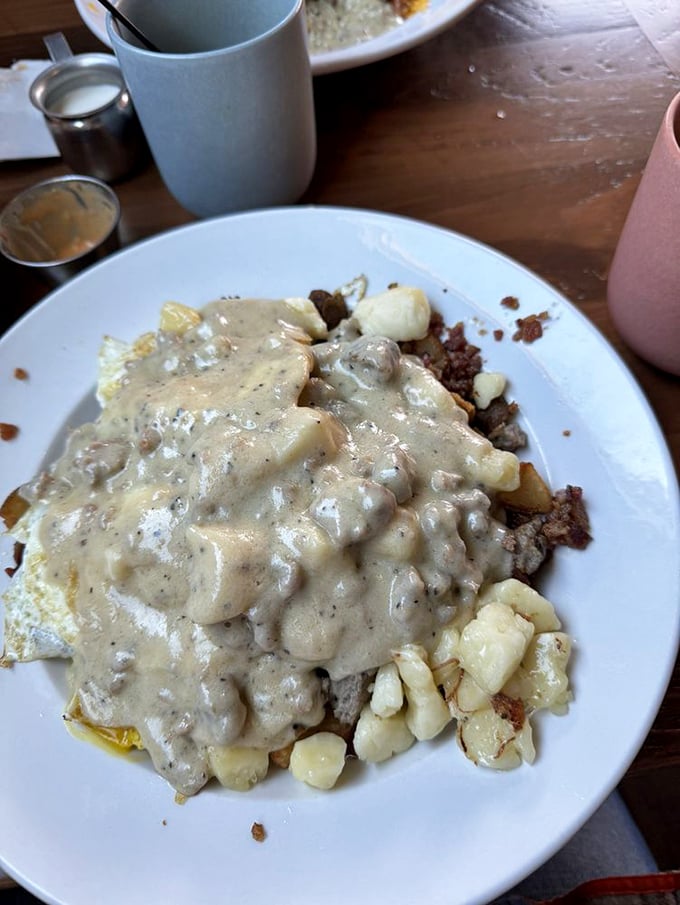 Breakfast poutine that defies morning food conventions. When gravy meets eggs and potatoes, magical things happen on this plate.