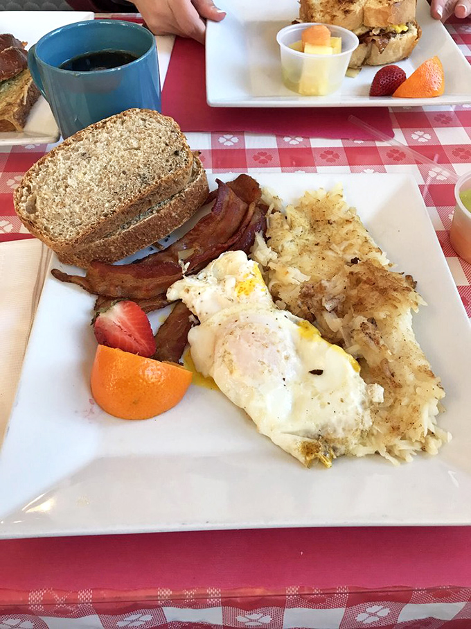 Breakfast that makes you understand why people write songs about morning. Eggs, bacon, and hash browns – the holy trinity of day-starting perfection.