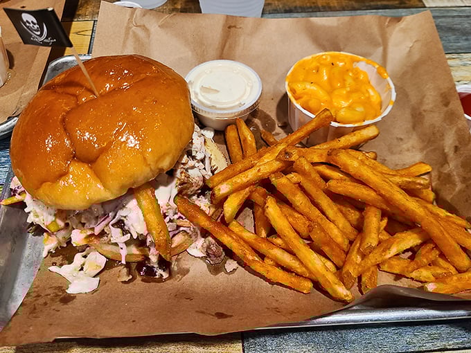 The Buccaneer Sandwich with golden fries and mac and cheese is what happens when comfort food decides to dress up for a special occasion.