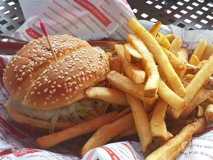 The classic American dream team. A perfectly proportioned burger alongside fries so golden they deserve their own Fort Knox—this is what comfort food aspiration looks like.