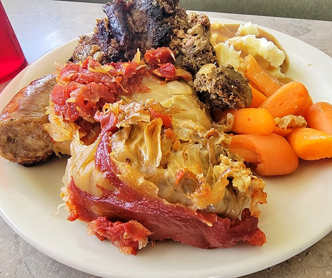 Cabbage rolls, meatloaf, and perfectly cooked vegetables—the kind of plate your grandmother would approve of, assuming your grandmother was a culinary genius.