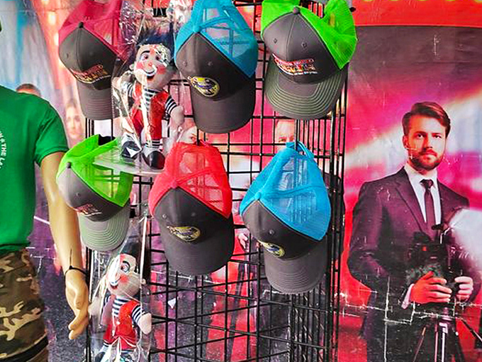 Baseball caps featuring everything from cartoon characters to dapper gentlemen. Identity shopping in its most literal form—who do you want to be today?