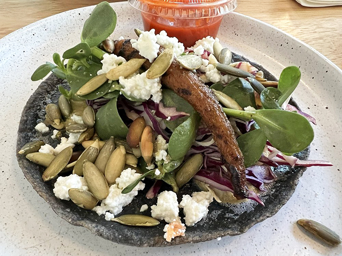 A taco that proves vegetables deserve the spotlight. Those seeds add a crunch that will make your taste buds stand up and applaud.