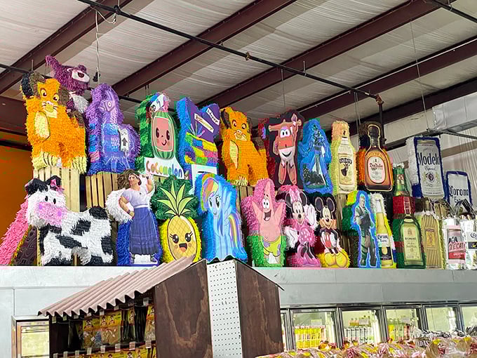These aren't just cartoon characters—they're childhood memories suspended from the ceiling, watching over aisles of nostalgia and necessities below.
