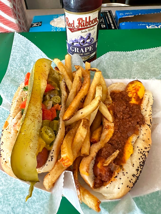 The Chicago dog in all its "dragged through the garden" glory—a snapshot of culinary perfection on a poppy seed bun.