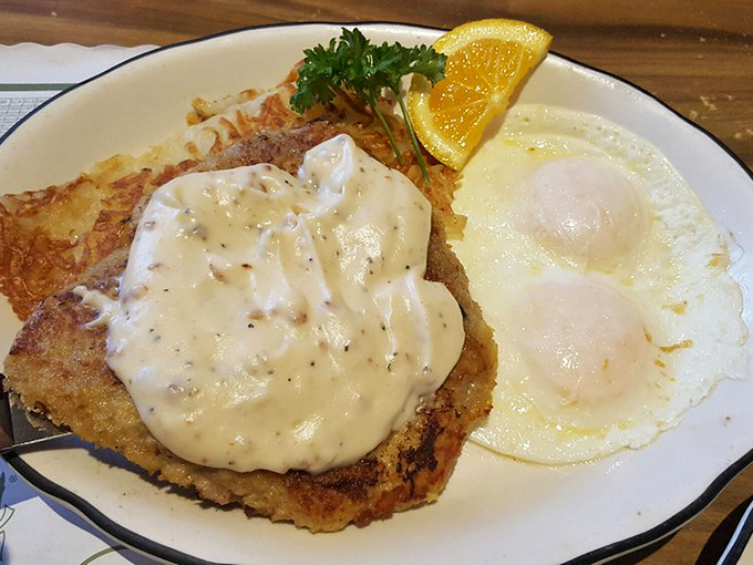 Country-fried steak smothered in gravy that your grandmother would approve of, alongside fresh vegetables that make you feel slightly virtuous about your decision.