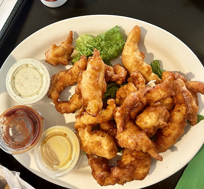 Crispy chicken tenders with a trio of dipping sauces—proof that sometimes the simplest pleasures deliver the most satisfaction.