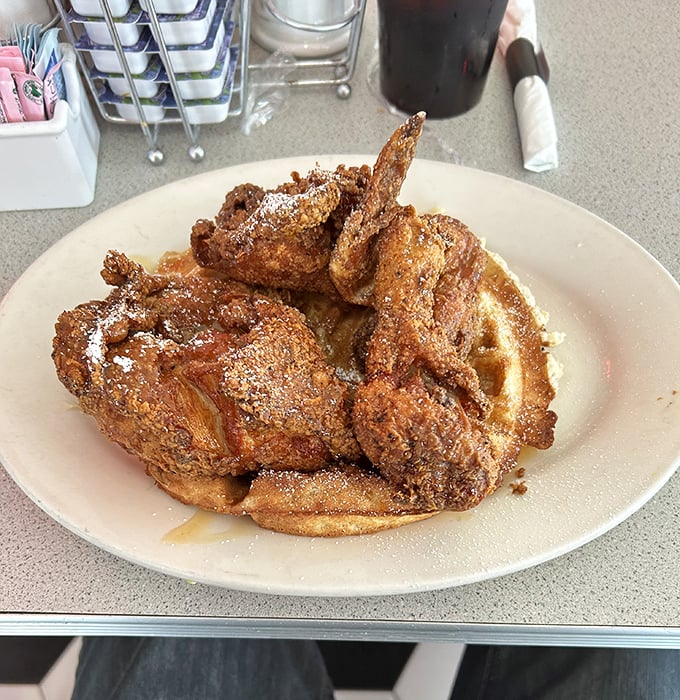 Chicken and waffles that bring together the perfect marriage of crispy and sweet—the Romeo and Juliet of comfort food, minus the tragic ending.
