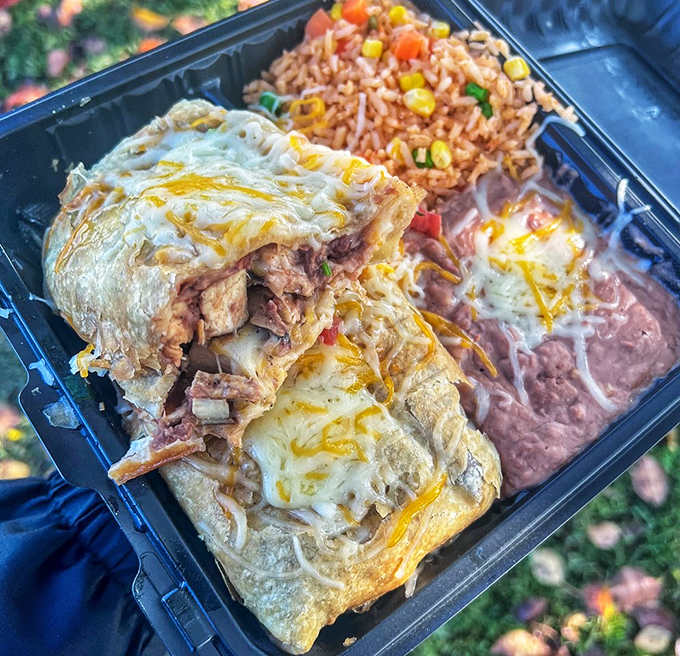 This chimichanga didn't just get fried—it got promoted to the hall of fame. Served with the holy trinity: rice, beans, and melted cheese.