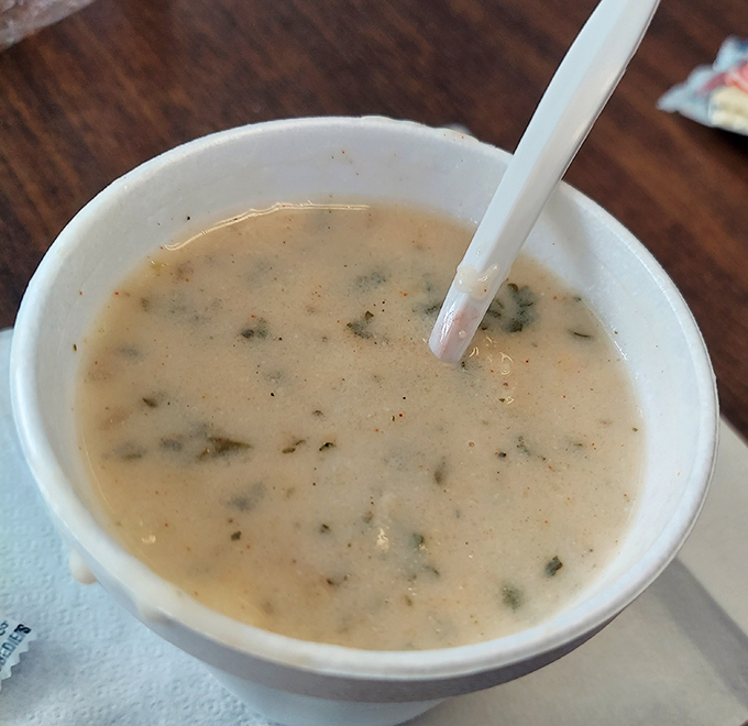 A bowl of what looks like creamy clam chowder—that comforting seaside classic that warms both body and soul on any Pennsylvania day.