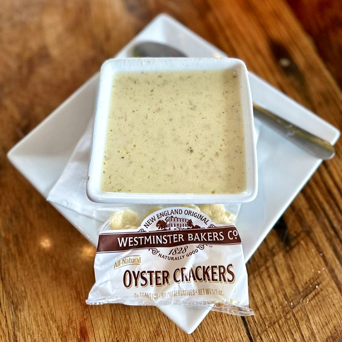 This isn't just soup—it's a creamy New England narrative in a bowl, with oyster crackers playing the supporting role they were born for.