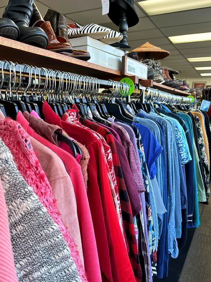 The clothing racks—organized by color like a wearable rainbow—offer everything from everyday basics to "where did you get THAT?" statement pieces.