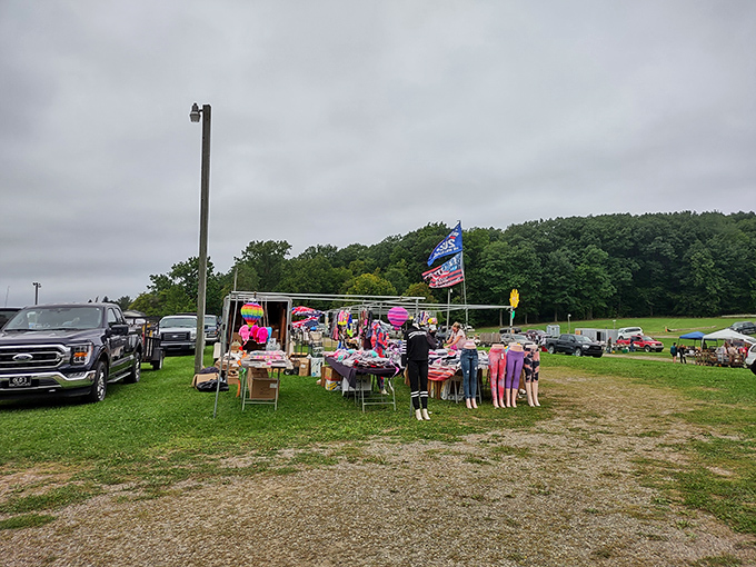 A rainbow of retail therapy under cloudy skies. Even on overcast days, the Armada Flea Market's colorful vendor displays brighten the shopping experience.
