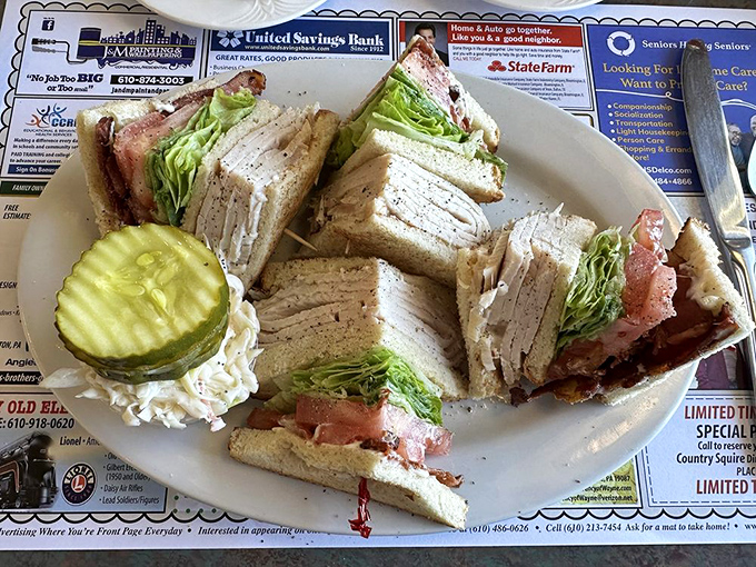 The club sandwich: America's three-story answer to lunch indecision. Turkey, bacon, and veggies between perfectly toasted bread—democracy in sandwich form.
