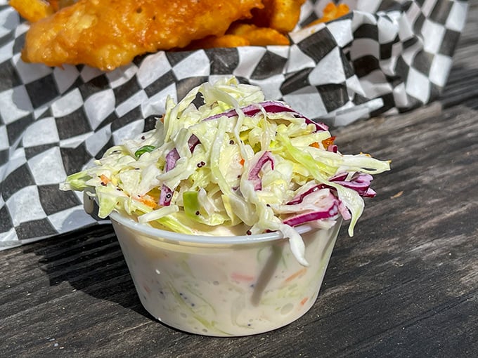 The coleslaw that launched a thousand return trips—crisp, creamy, and somehow managing to upstage the seafood it accompanies.