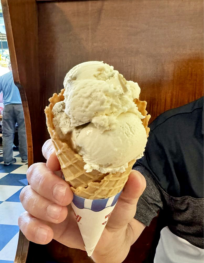 Two perfect scoops nestled in a freshly made waffle cone – proof that sometimes the simplest pleasures deliver the most profound happiness.