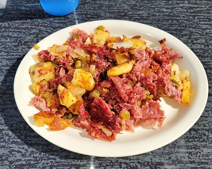 Corned beef hash that doesn't come from a can—a beautiful marriage of crispy potatoes and savory meat that would make your cardiologist wince.