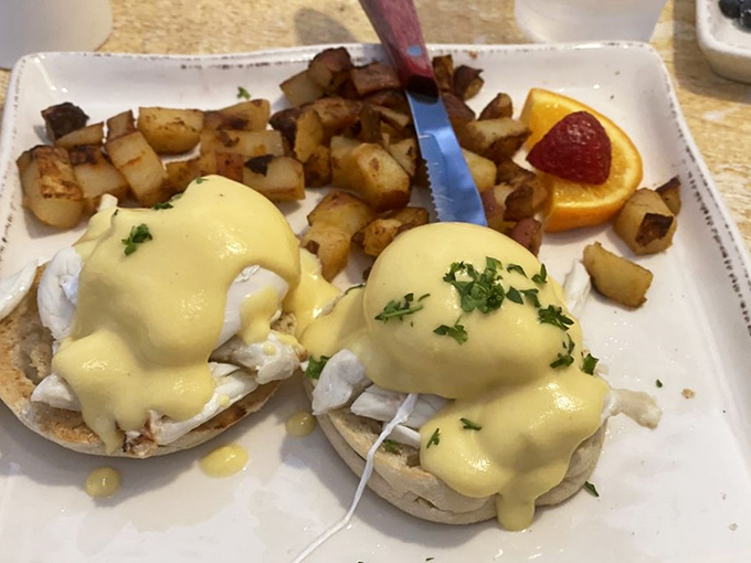 Eggs Benedict elevated with jumbo lump crab—because when you're at the beach, seafood belongs at every meal, even breakfast.