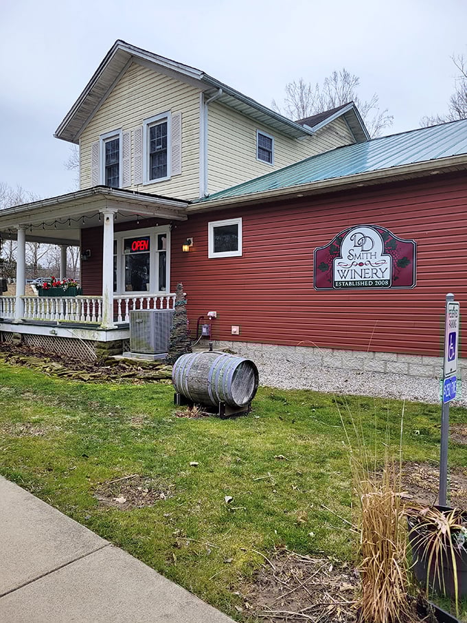 D & D Smith Winery combines farmhouse charm with vineyard dreams. That barrel isn't just decoration—it's a promise of good times ahead.
