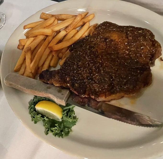 The Delmonico steak with golden fries – a combination so perfect it should have its own national holiday. That crust deserves a standing ovation.