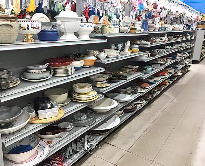 Vintage Pyrex patterns neighbor everyday plates in this dishware wonderland. Your grandmother's china cabinet called—it wants you to bring home some new friends.