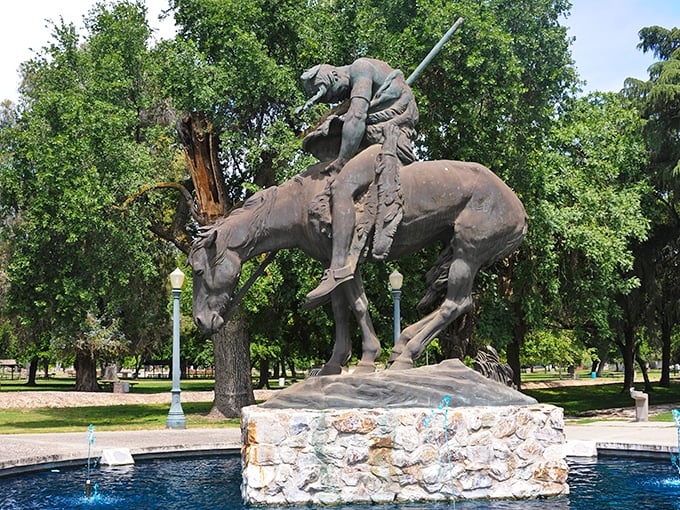 "End of the Trail" sculpture captures the spirit of the American West—a powerful reminder of history amid the gentle splash of fountain waters.