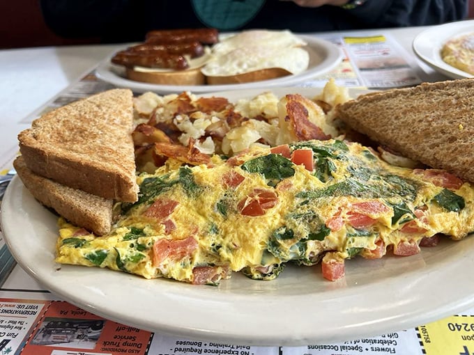 A colorful omelet masterpiece that turns simple eggs into a work of edible art and satisfaction.