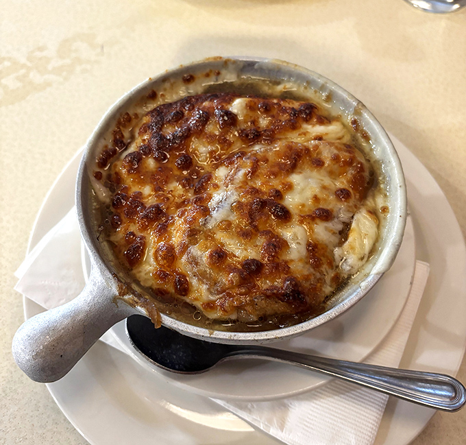 French onion soup that doesn't just warm your stomach but hugs your soul—that cheese pull should have its own Instagram account.