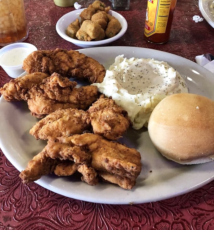 Fried chicken that would make your grandmother both proud and jealous, served with mashed potatoes and a roll for gravy-sopping duty.