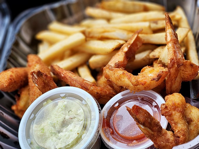 Crispy on the outside, tender within—these fried shrimp and fries prove that sometimes the simplest pleasures are the most satisfying.