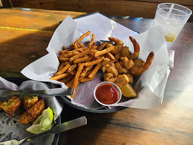 Golden-fried shrimp and crispy fries—the beach meal that launched a thousand vacations. Simple perfection that needs nothing more than a squeeze of lemon.