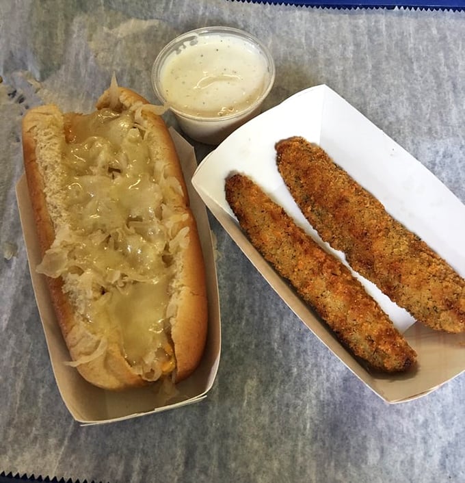 The star attraction: golden-brown fried pickle spears with ranch dipping sauce – a tangy-crunchy combo that converts pickle skeptics into true believers.