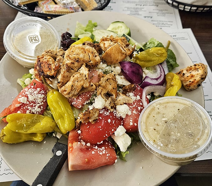 This Greek salad brings Mediterranean sunshine to the mountains—watermelon, feta, and grilled chicken create a refreshing flavor symphony.