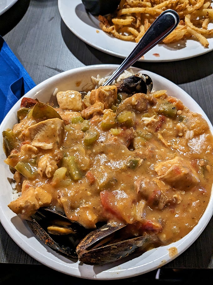 The legendary gumbo that launched a thousand road trips – thick, rich, and loaded with seafood and chicken that would make New Orleans proud.