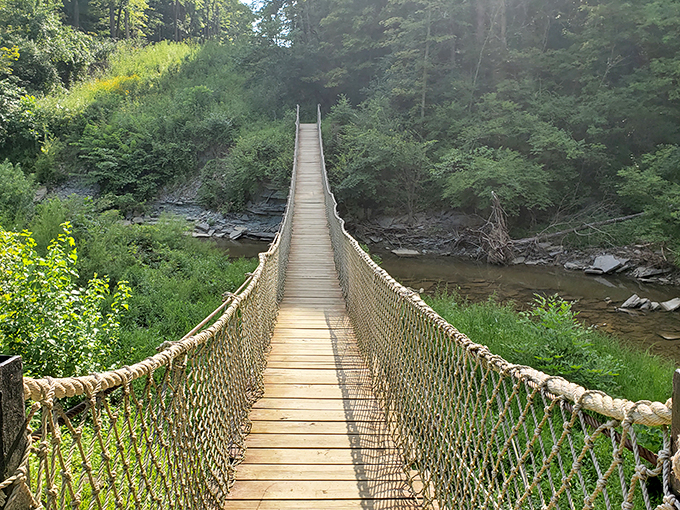 Indiana Jones would approve of this swinging bridge. Cross if you dare—the reward is worth the momentary wobble in your knees.