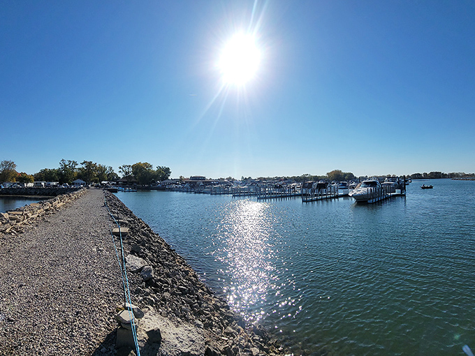 Sunlight dances across the harbor waters, creating a diamond-studded pathway. Nature's jewelry display doesn't require a credit card—just appreciation.