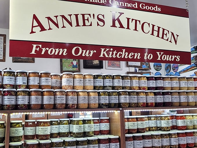 "Annie's Kitchen" isn't just a sign—it's a promise. These colorful jars capture seasons and flavors, standing like edible soldiers ready for your pantry.