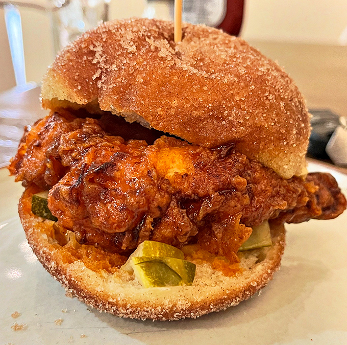 This fried chicken sandwich isn't just crispy—it's the kind of audible crunch that turns heads three tables away.