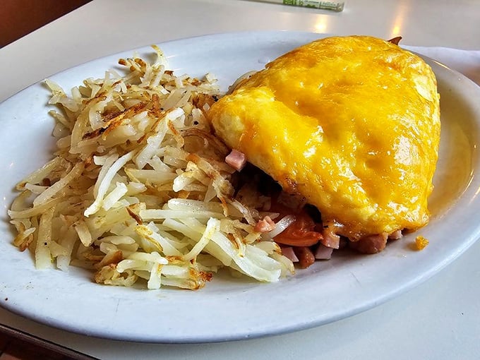 This omelet didn't just break out of its shell—it found its true calling. Cheese melting over ham with hash browns standing at attention nearby.