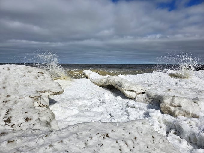 Winter transforms Lake Erie's edge into an arctic wonderland, proving Ohio beaches have personality in every season.