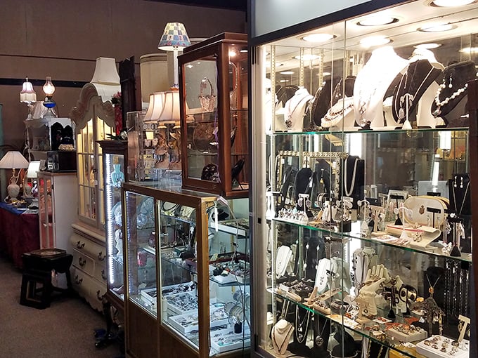 Jewelry displays that sparkle with possibilities. "I was just browsing" quickly becomes "I'll take three" in this glittering corner.